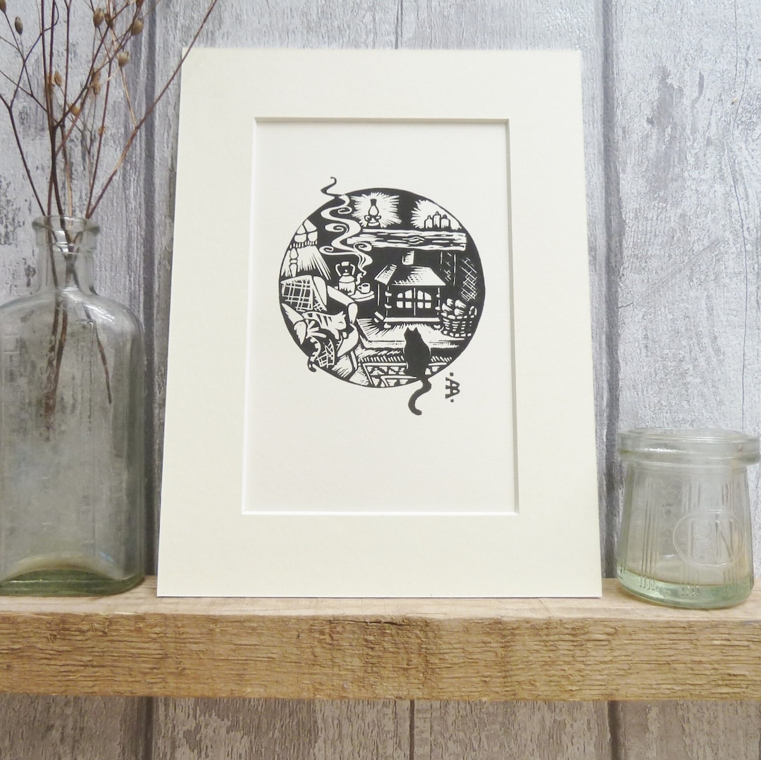 Fireside Cats, Linocut Print, Hand Printed, Cosy Winter Wood-burner ...