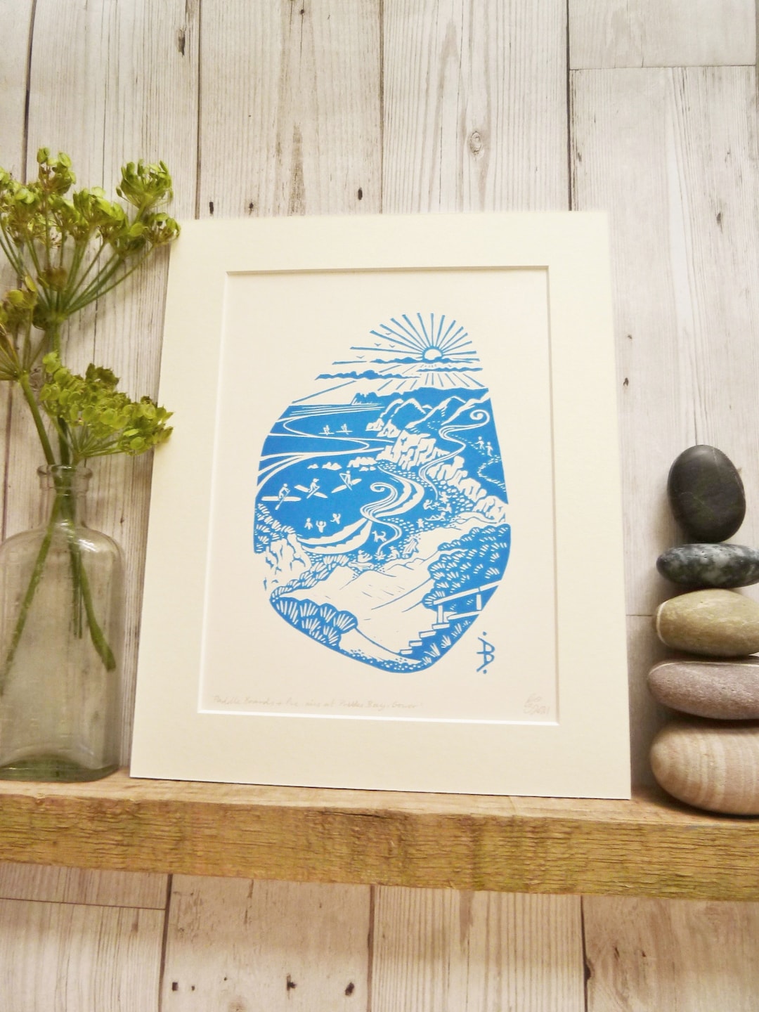 Pobbles Bay Linocut Print, Gower Coast, Wales, Paddleboard Art - Etsy UK