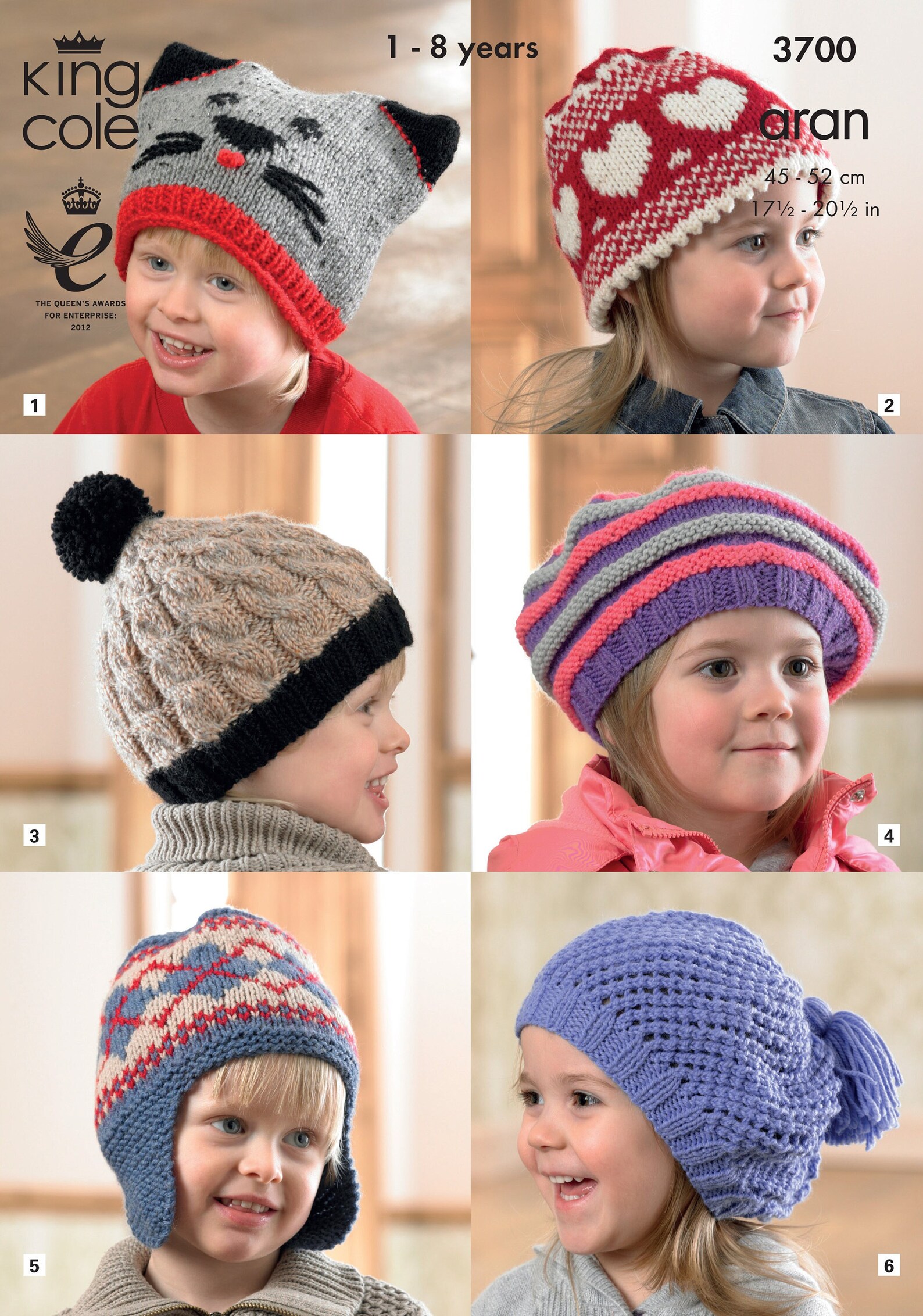 King Cole Pattern Children's 6 Hat Designs Knitted in Comfort Aran 3700 ...