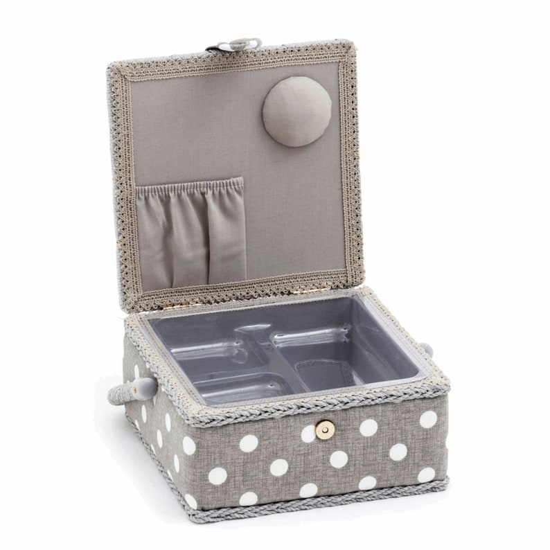 Hobbygift Small Sewing Box - Square - Grey Linen Polka Dot - Etsy