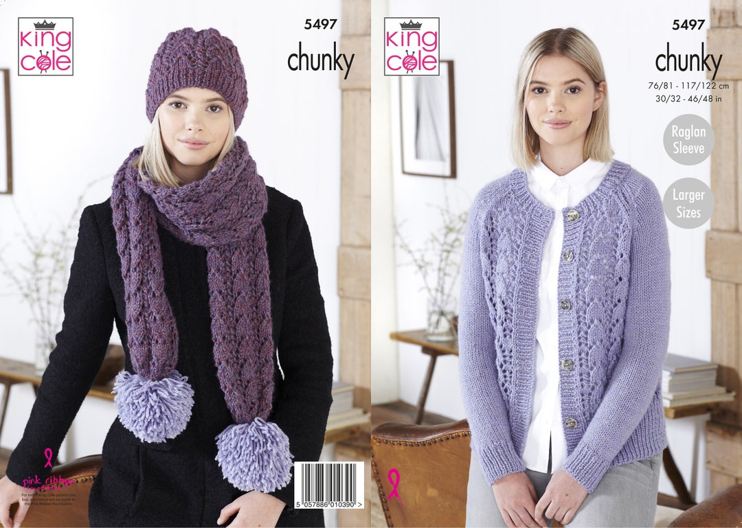 King Cole Knitting Pattern Cardigan Hat Scarf Knitted Big Value Poplar ...