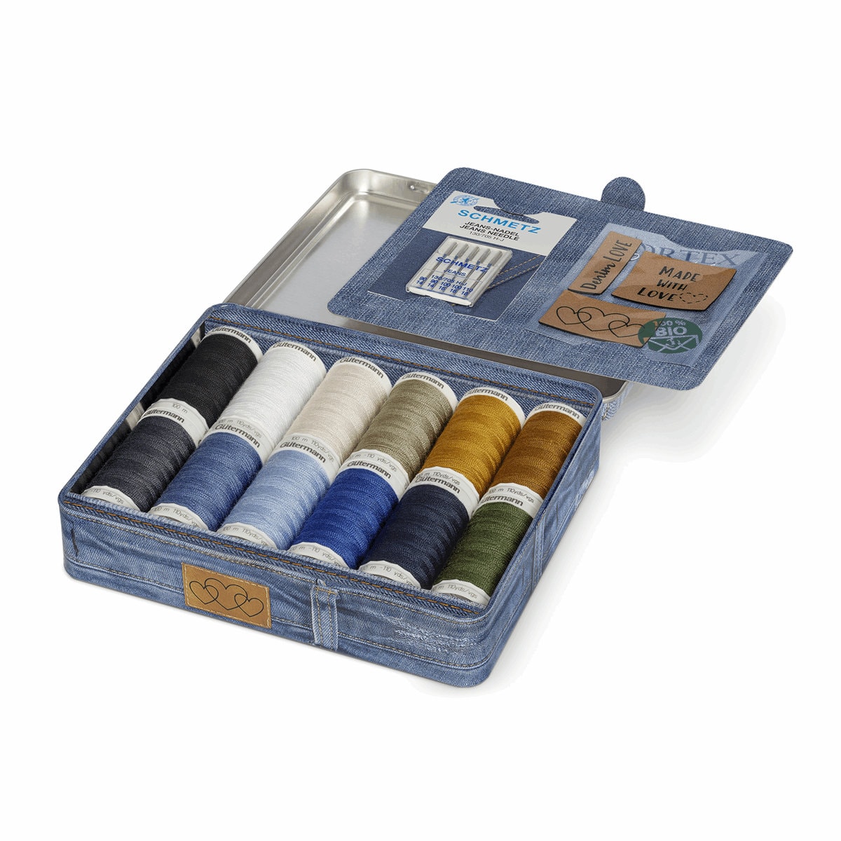 Gutermann Thread Storage Tin - Denim Thread With Needles and Labels: 12 ...