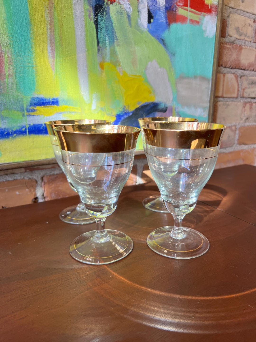 Vintage Gold Rim Water Glass Set of 4 Goblet Wine Glasses Double Gold ...
