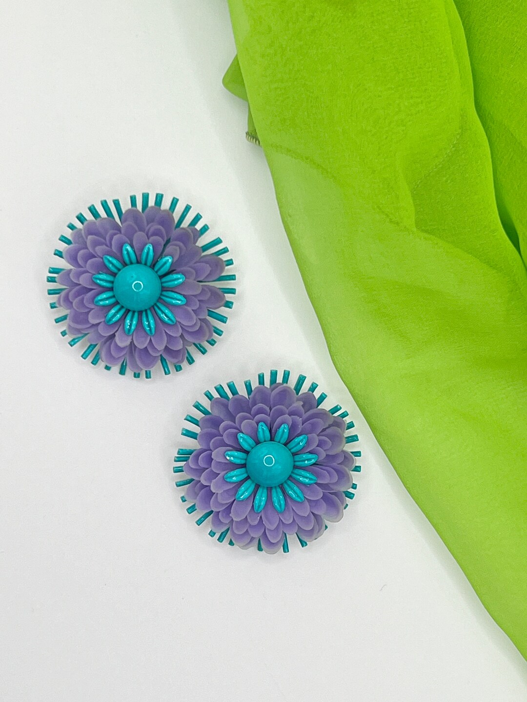 Vintage Hard Plastic Flower Clip on Earrings Mod Purple and Teal - Etsy