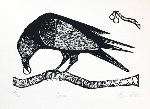 Crow lino print hand printed on fine paper | Etsy