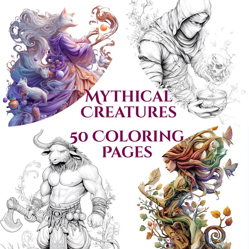 Mythical Creatures Coloring Book – 50 Fantasy Pages of Harpies, Dryads ...