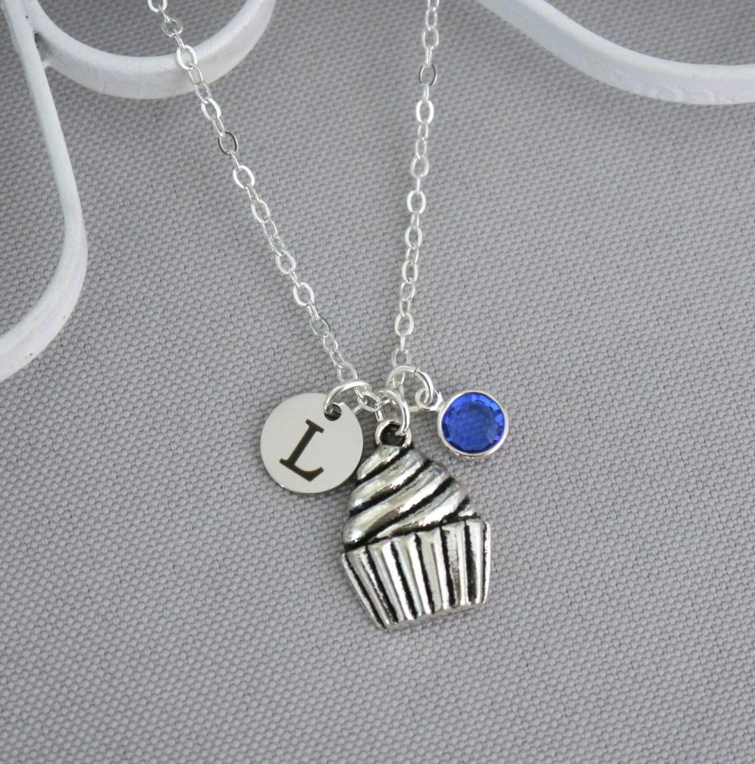 Cupcake Necklace, Personalized, Letter Charm, Initial Disc, Birthstone ...