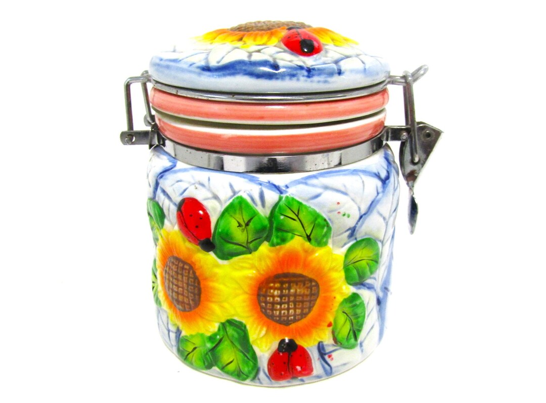 Vintage Embossed Sunflower and Ladybug Storage Canister, Ceramic Hinged ...