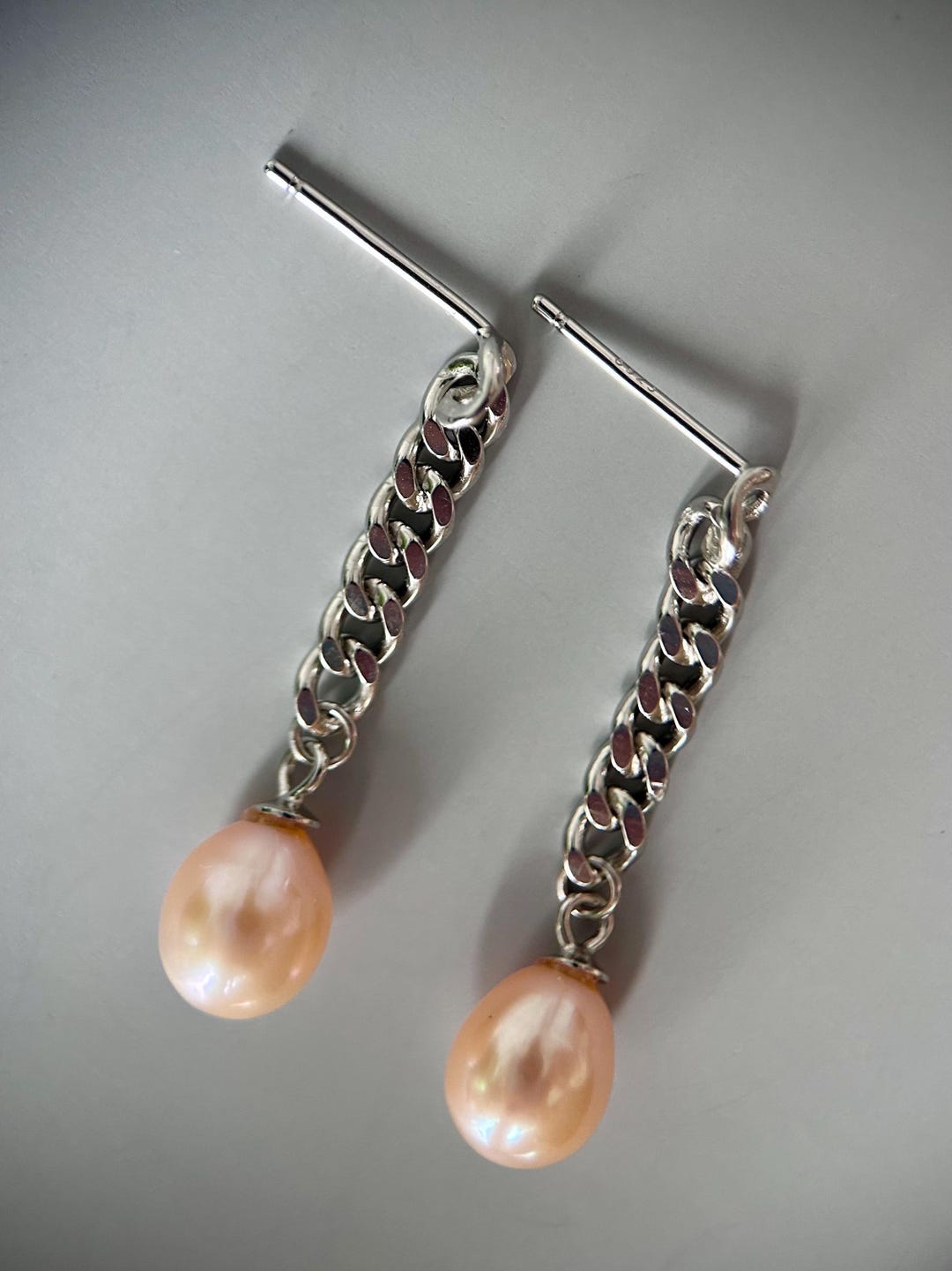 Pink Freshwater Pearl Cuban Link Chain Dangle Post Earrings, Sterling ...