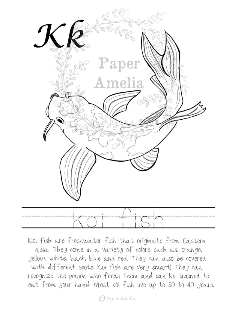 K is for Koi Fish Nature Alphabet Page-digital Download-nature Inspired ...
