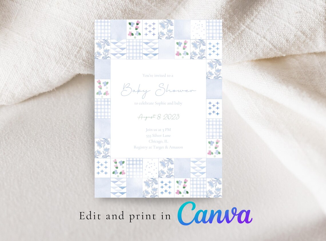 Blue Quilt Baby Shower Invite, Blue Patchwork Baby Shower Invite, Baby ...