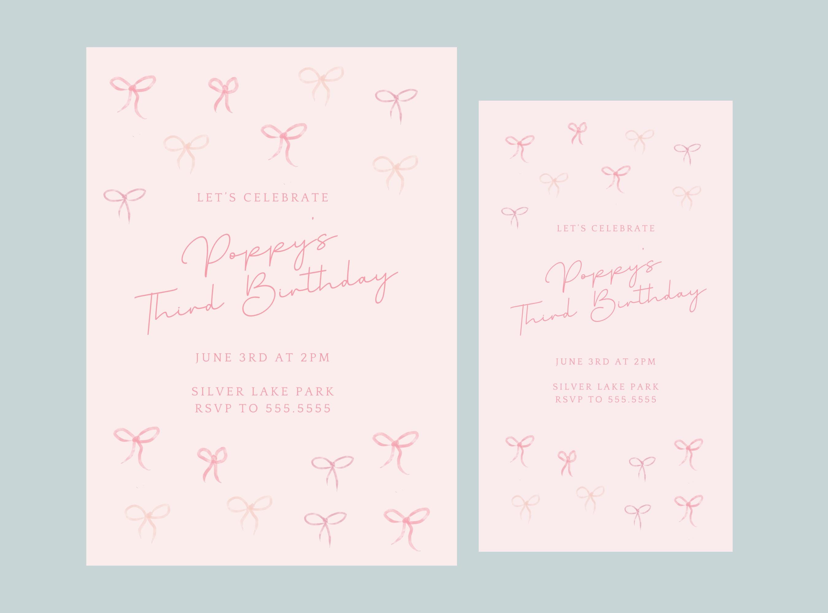 Pink Bow Birthday Invitation, Pink Bow Editable Birthday Invitation ...