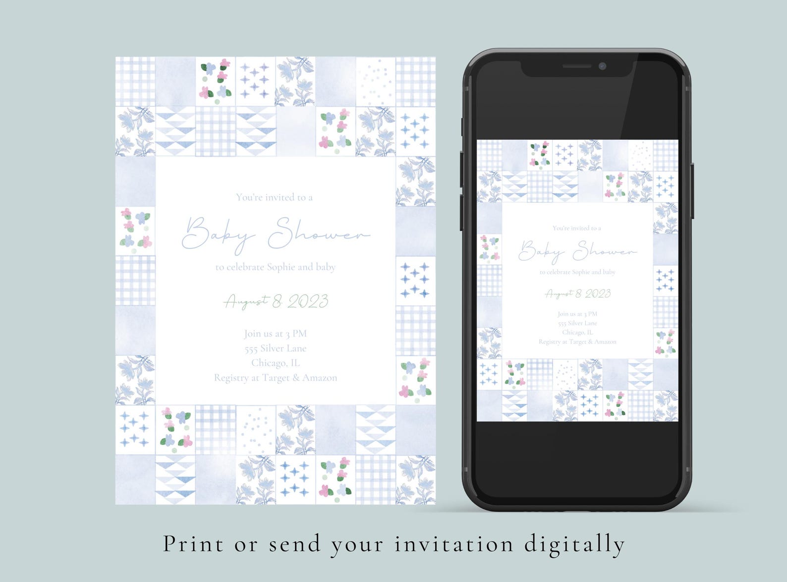 Blue Quilt Baby Shower Invite, Blue Patchwork Baby Shower Invite, Baby ...