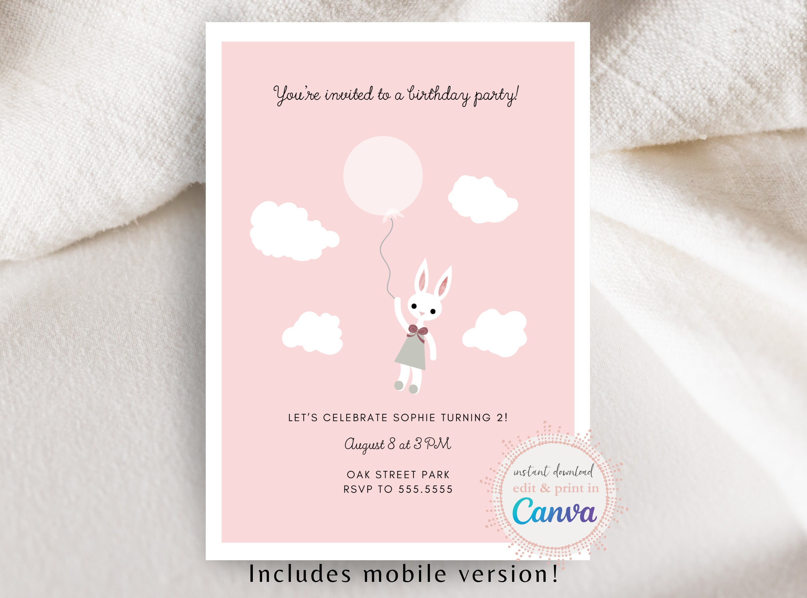 Bunny Birthday Invitation, Bunny Balloon Birthday Invitation, Girl ...