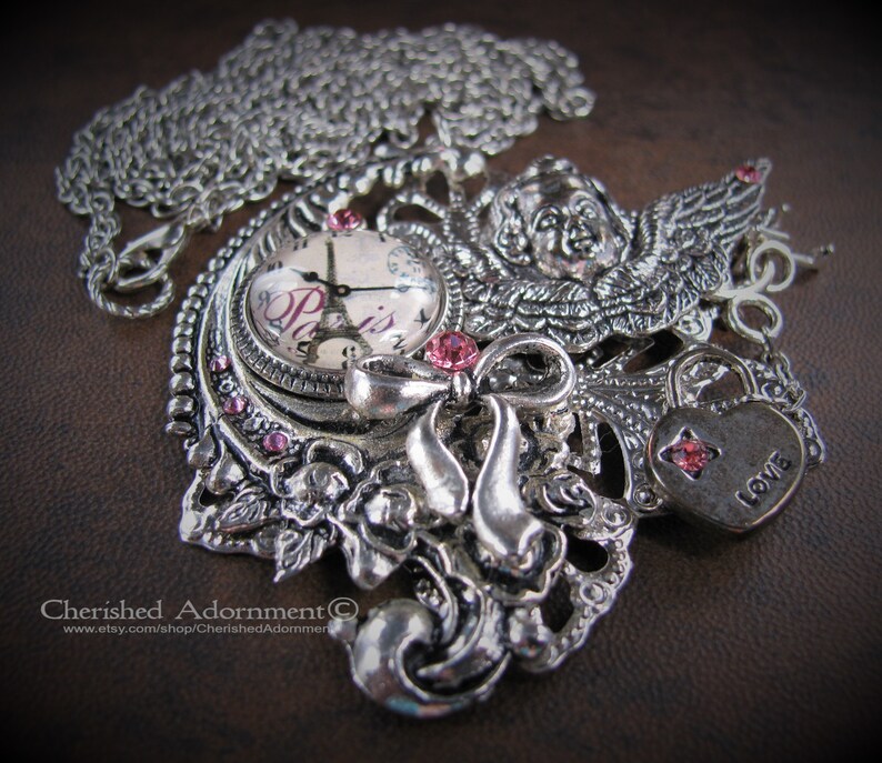 Cherub Paris Clockface Pendant Antique Silver Rose Crystals - Etsy