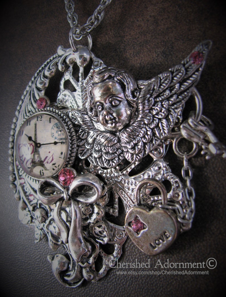 Cherub Paris Clockface Pendant Antique Silver Rose Crystals - Etsy