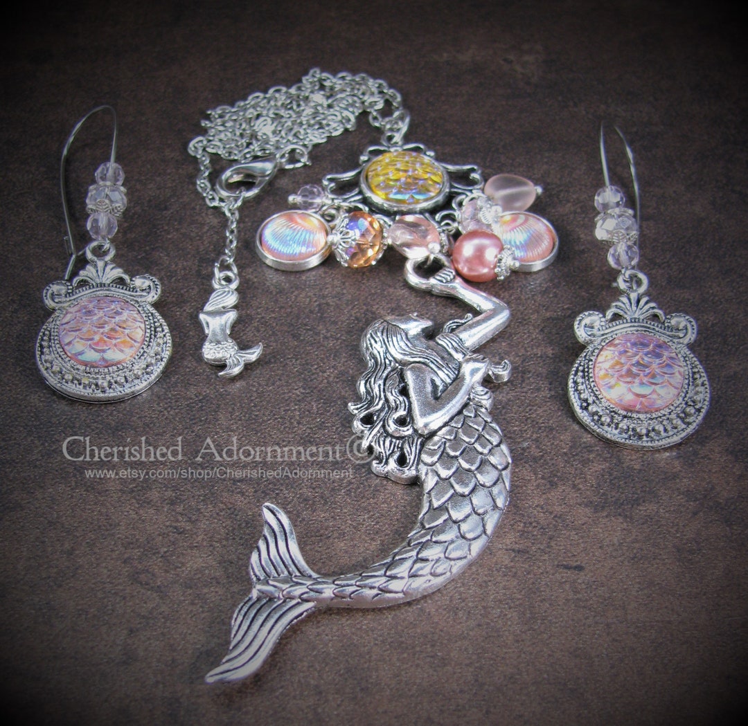 Swimming Mermaid Charm Necklace and Mermaid Scale Earrings Jewelry Set ...