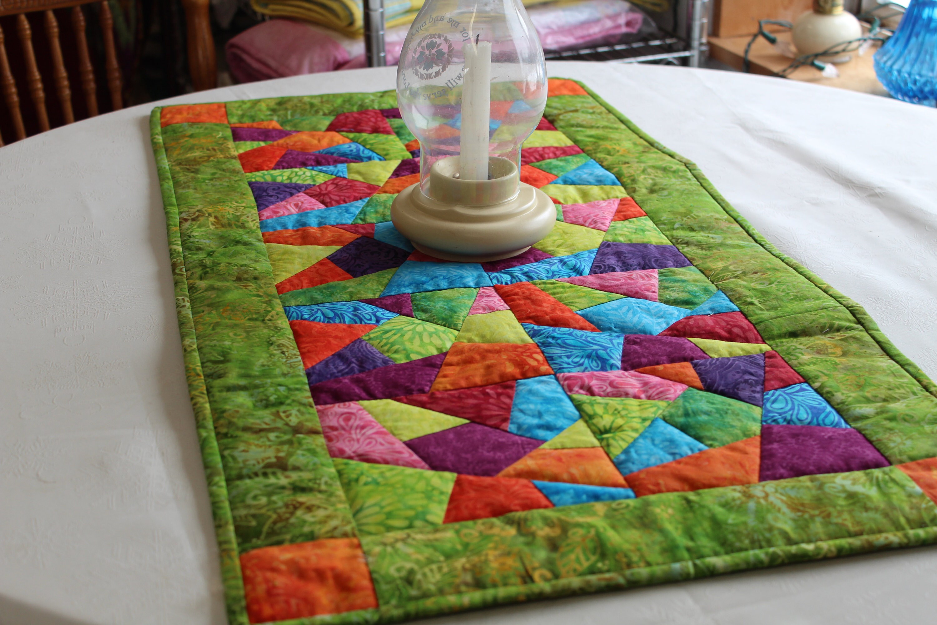 Modern Batik Cotton Crazy Quilt Table Runner: Hand Quilted Blues ...
