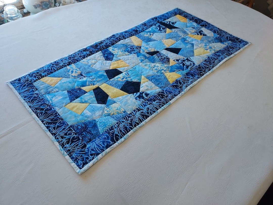 Modern Batik Cotton Crazy Quilt Table Runner: Hand Quilted Blues ...