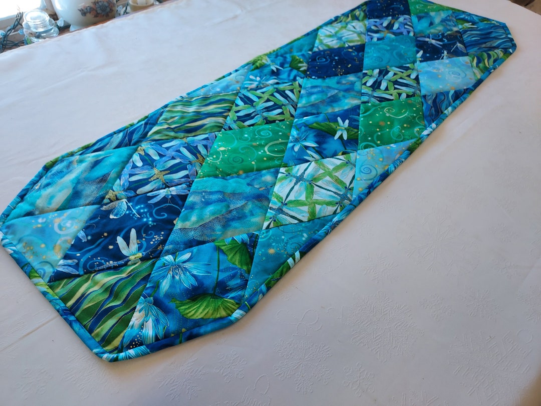 Diamond Pattern Table Runner: Designer Cotton Fabric in Shades of Blues ...