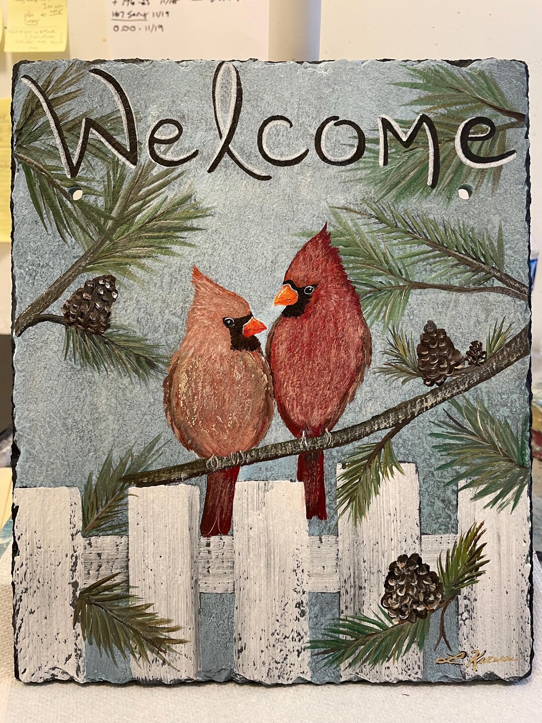 Painted Cardinal Welcome Sign, Bird Pair Painting Address Plaque on ...