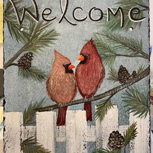 Painted Cardinal Welcome Sign, Bird Pair Painting Address Plaque on ...