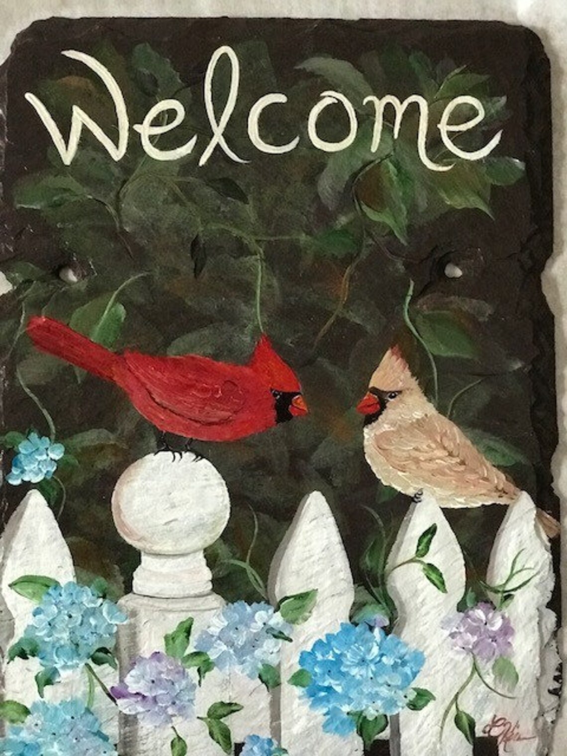 Cardinal Birds Welcome Slate Hand Painted Decorative Art | Etsy