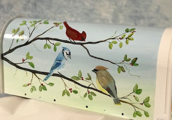 Birds on A Mailbox Cardinal Blue Jay Cedar Wax Wing - Etsy