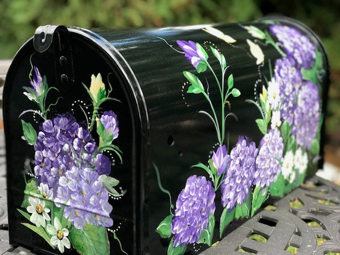 Purple Painted Hydrangea and Daisy Mailbox Black Rural Mailbox Purple ...