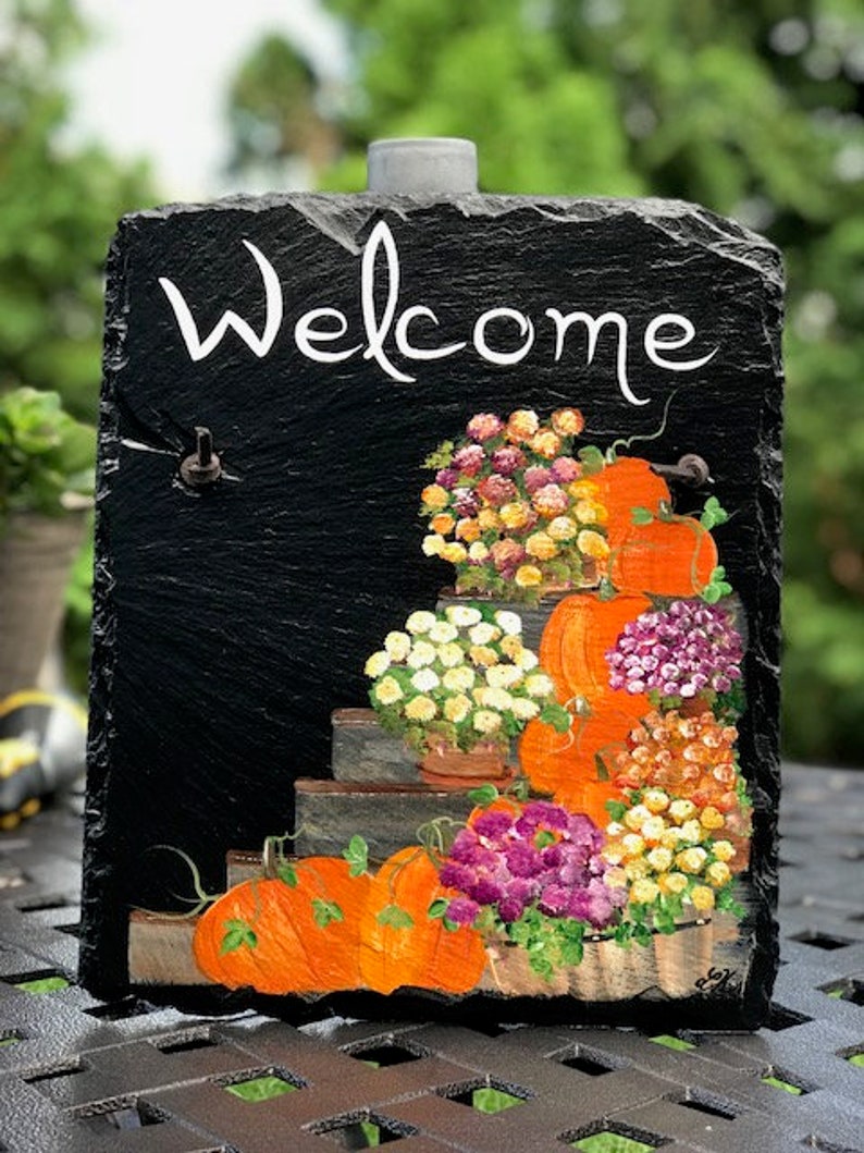 Welcome Slate Autumn Decor Painted Welcome Signs Pumpkins - Etsy