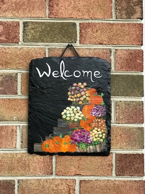 Welcome Slate Autumn Decor Painted Welcome Signs Pumpkins | Etsy