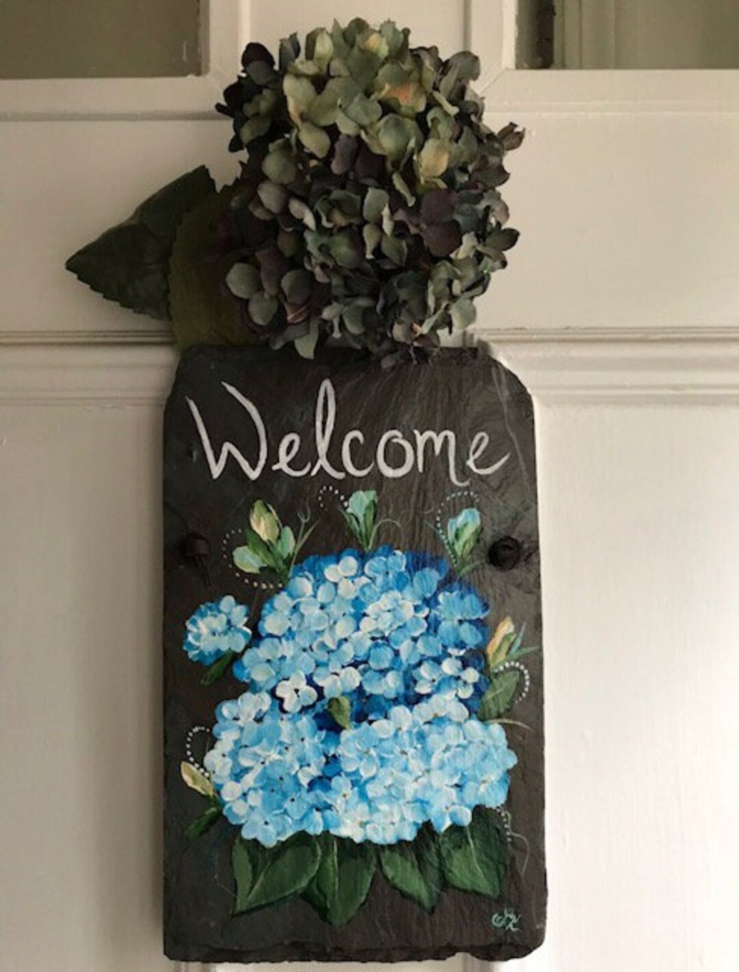 Welcome Door Hanger Hand Painted Blue Hydrangeas Welcome or Address ...