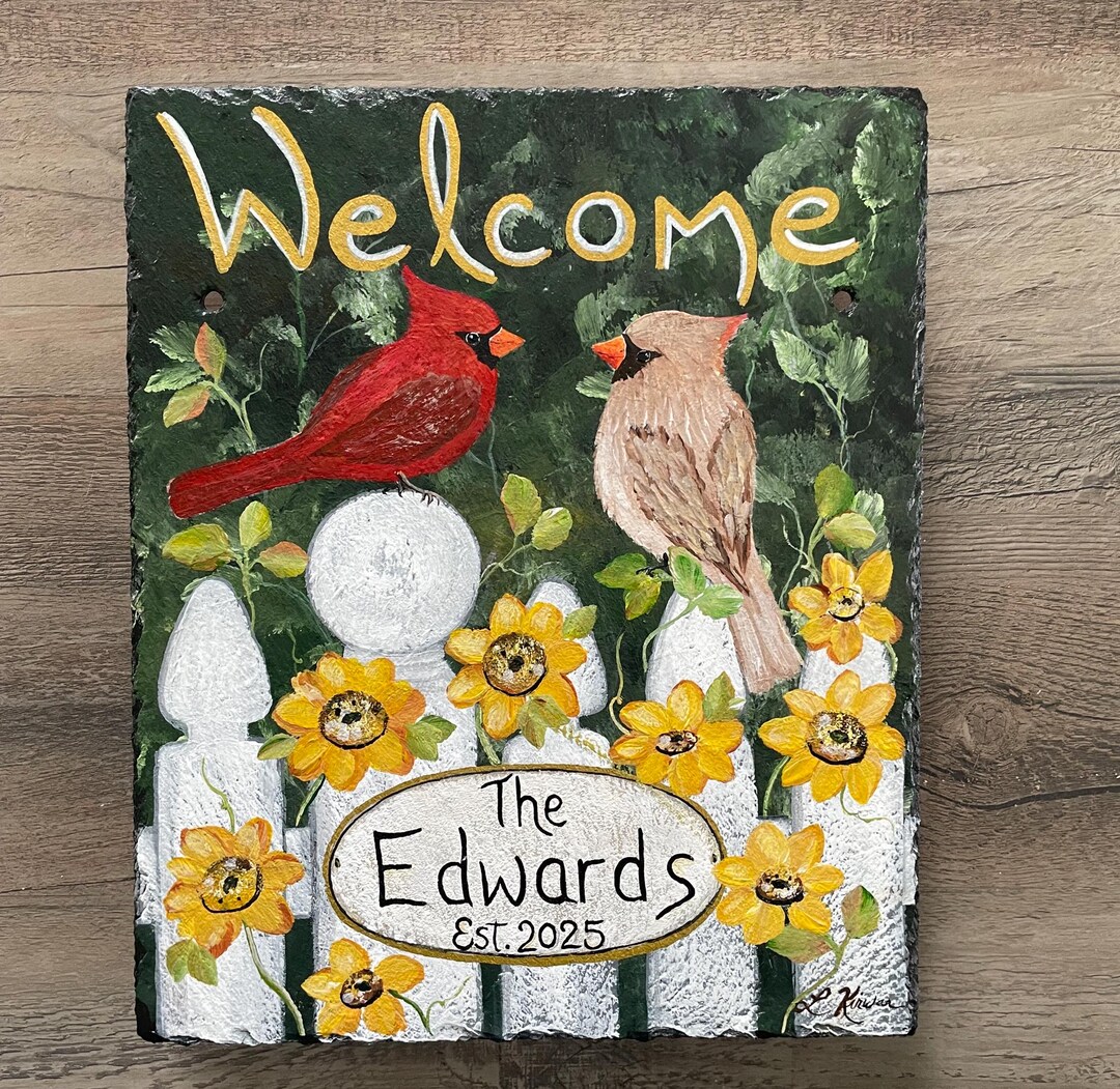 Personalized Wedding Gift, Painted Cardinal Welcome Slate, Sunflowers ...