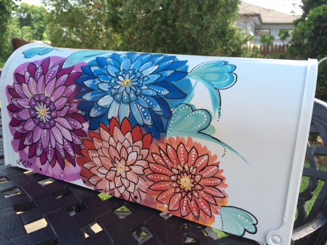 Bohemian Style Floral Hand Painted Mailbox, Bold Colorful Flowers ...