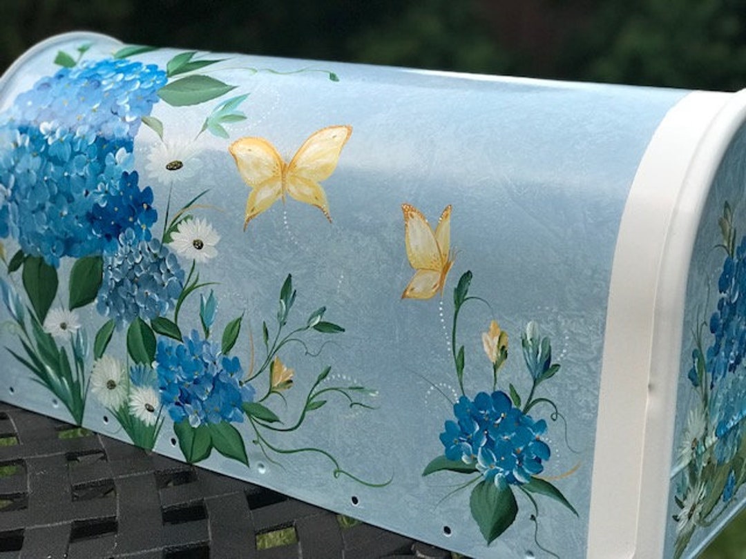 Hand-painted Blue Hydrangea Butterfly Mailbox, Decorative Floral Art - Etsy