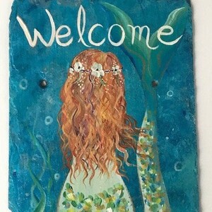 Mermaid Welcome Slate, Hand Painted Original Mermaid Painting on Slate ...