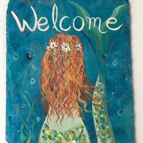 Mermaid Welcome Slate Hand Painted Original Mermaid Painting - Etsy