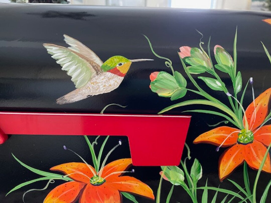 Hand Painted Orange Lily Hummingbird Mailbox, Large Black Rural Mailbox ...