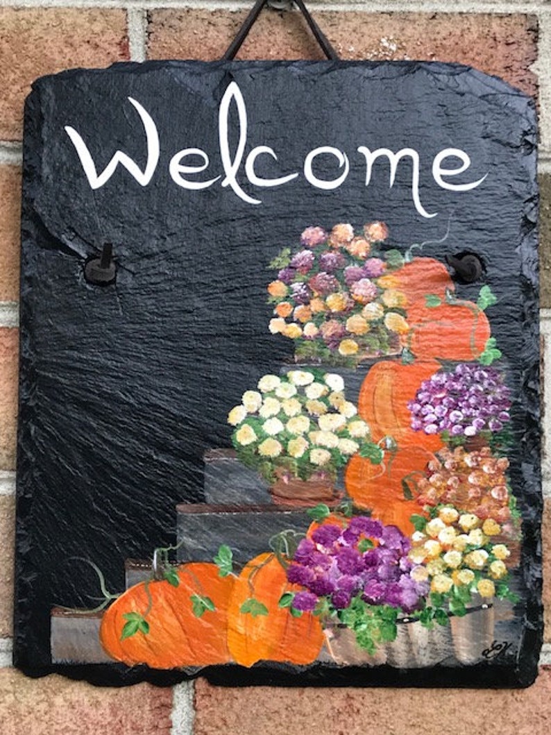 Welcome Slate Autumn Decor Painted Welcome Signs Pumpkins - Etsy