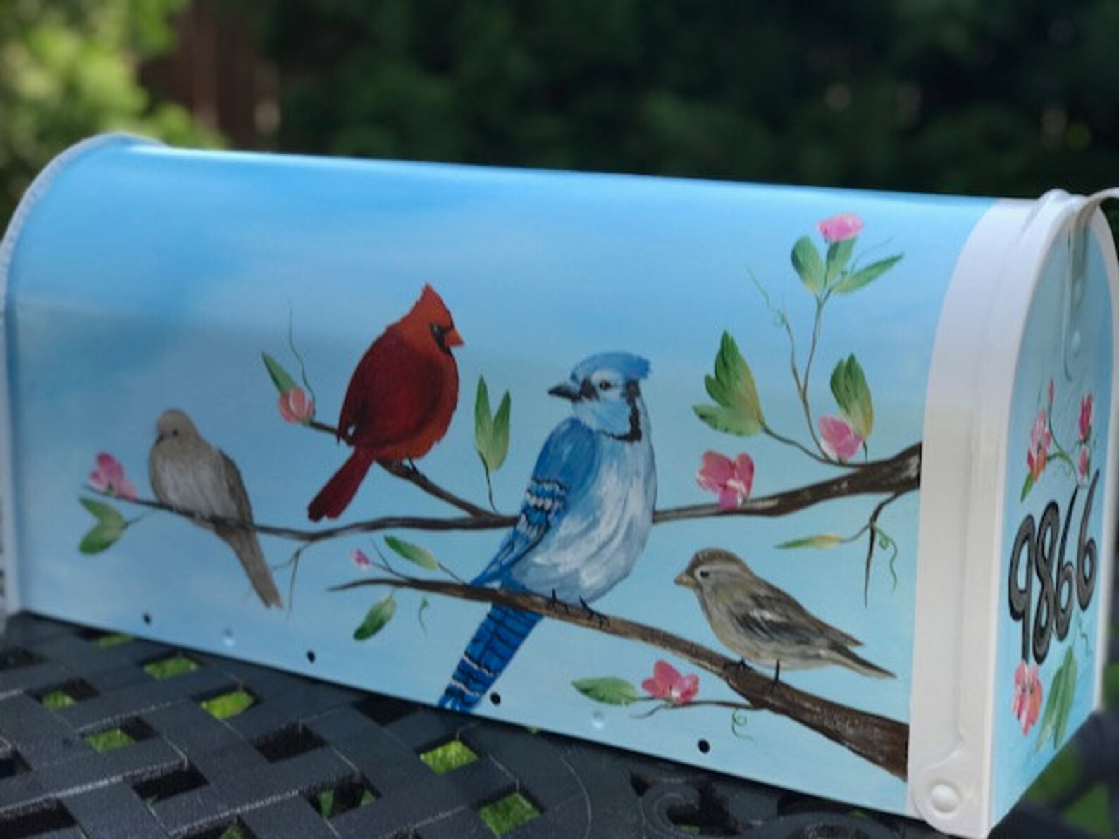 Painted Mailbox With Birds Cardinals On Mailbox With Blue | Etsy
