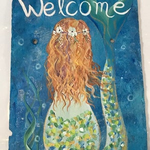 Mermaid Welcome Slate, Hand Painted Original Mermaid Painting on Slate ...