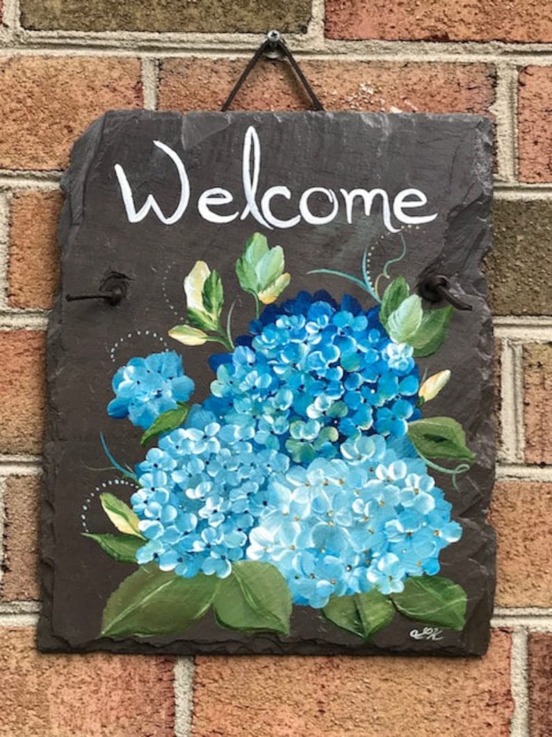 Hand Painted Blue Hydrangeas Welcome Slate, Natural Stone Slate, Lisa ...