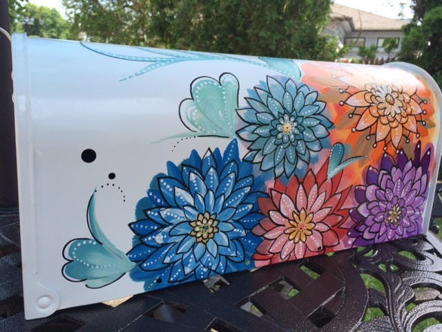 Bohemian Style Floral Hand Painted Mailbox, Bold Colorful Flowers ...
