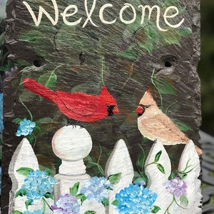 Cardinal Birds Welcome Slate Hand Painted, Decorative Art Address or ...