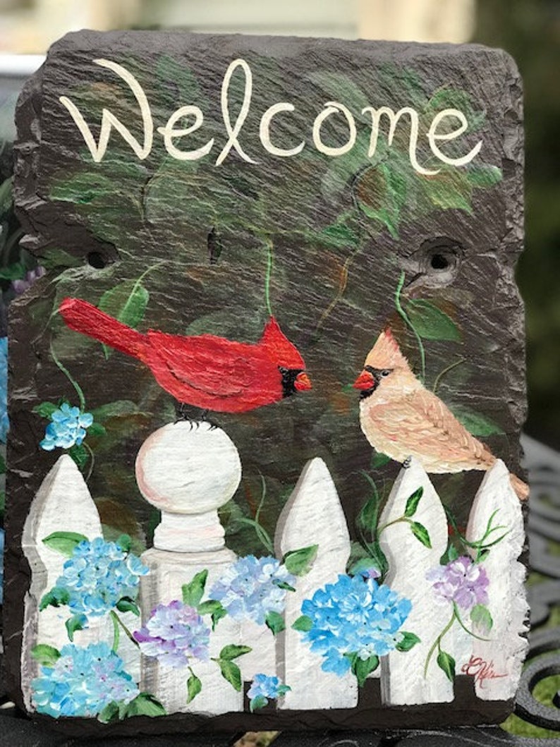 Cardinal Birds Welcome Slate Hand Painted Decorative Art | Etsy