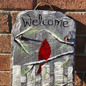 Personalized Red Cardinal Painted Welcome or Address Slate, Hand ...