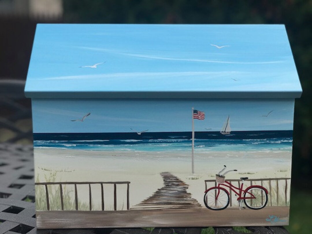 Wall Mount Painted Beach Themed Mailbox Featuring Bike, Seagulls and ...