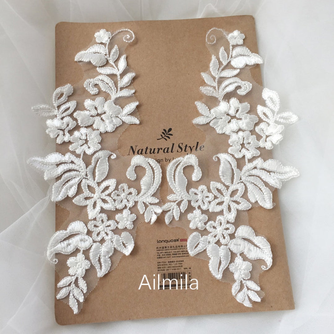 Paired Embroidery Bridal Lace Applique, Ivory Wedding Lace Motif, Lace ...
