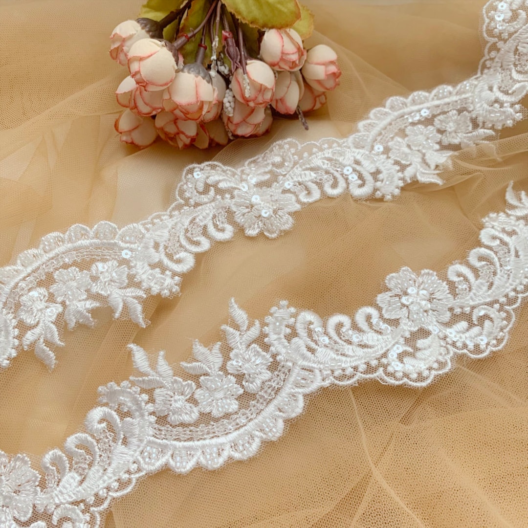 5 Yards Beaded Lace Trim, Light Ivory Bridal Lace Trim, Wedding Veil ...