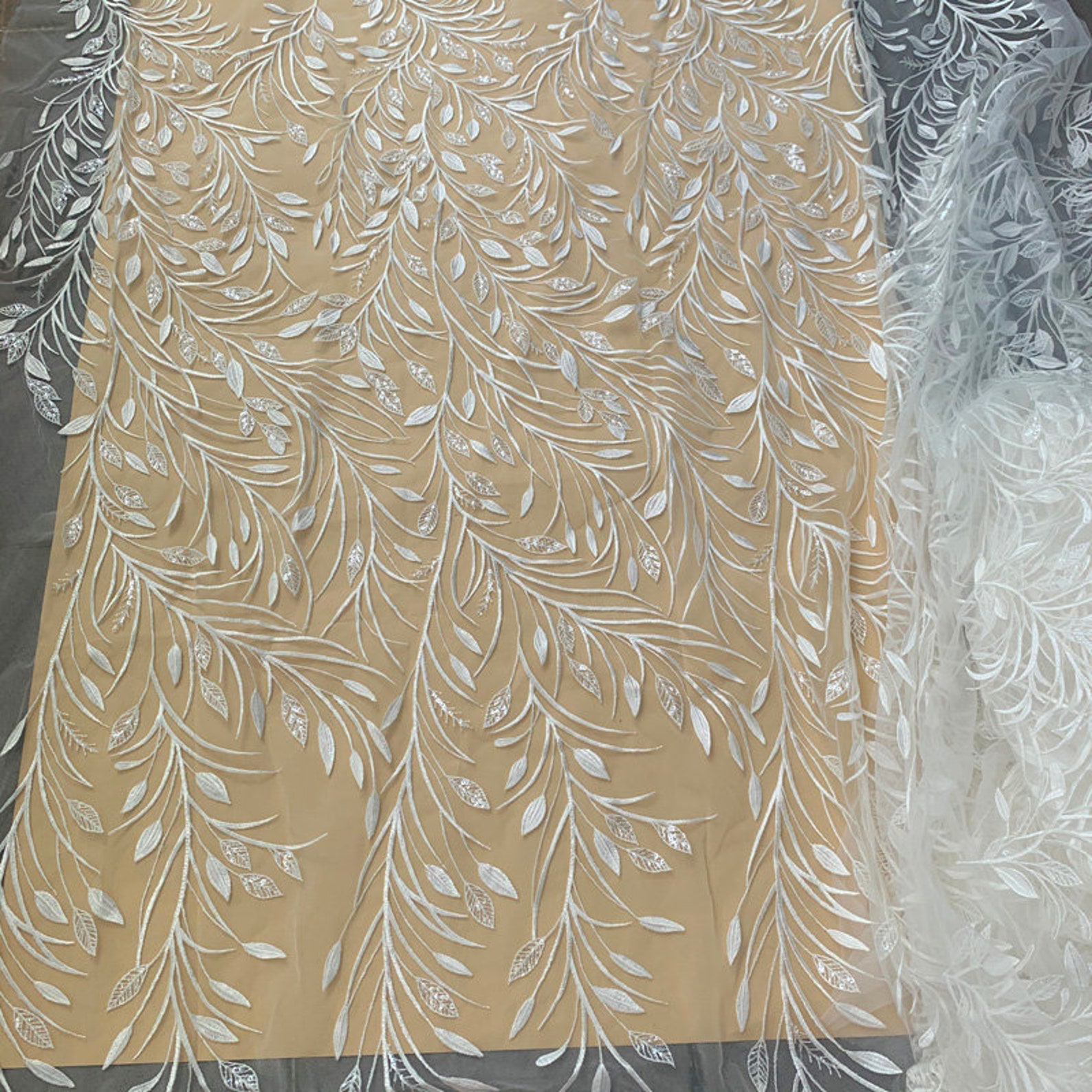 Bridal Lace Embroidery Leaves Design Lace Fabric, Ivory Floral Wedding ...